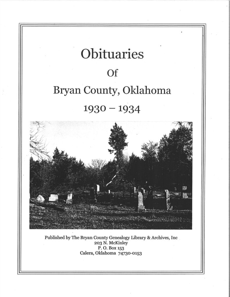 Obituaries of Bryan Co. 1930 – 1934 – Bryan County Genealogy Library ...